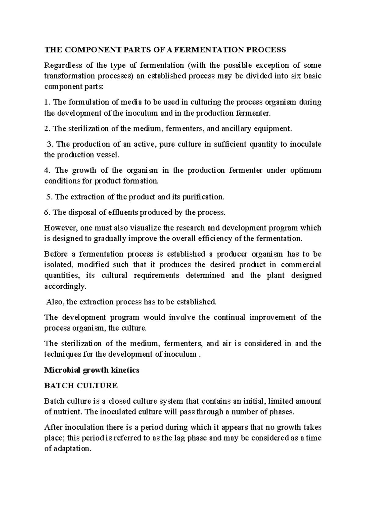 THE Component Parts OF A Fermentation Process - THE COMPONENT PARTS OF ...