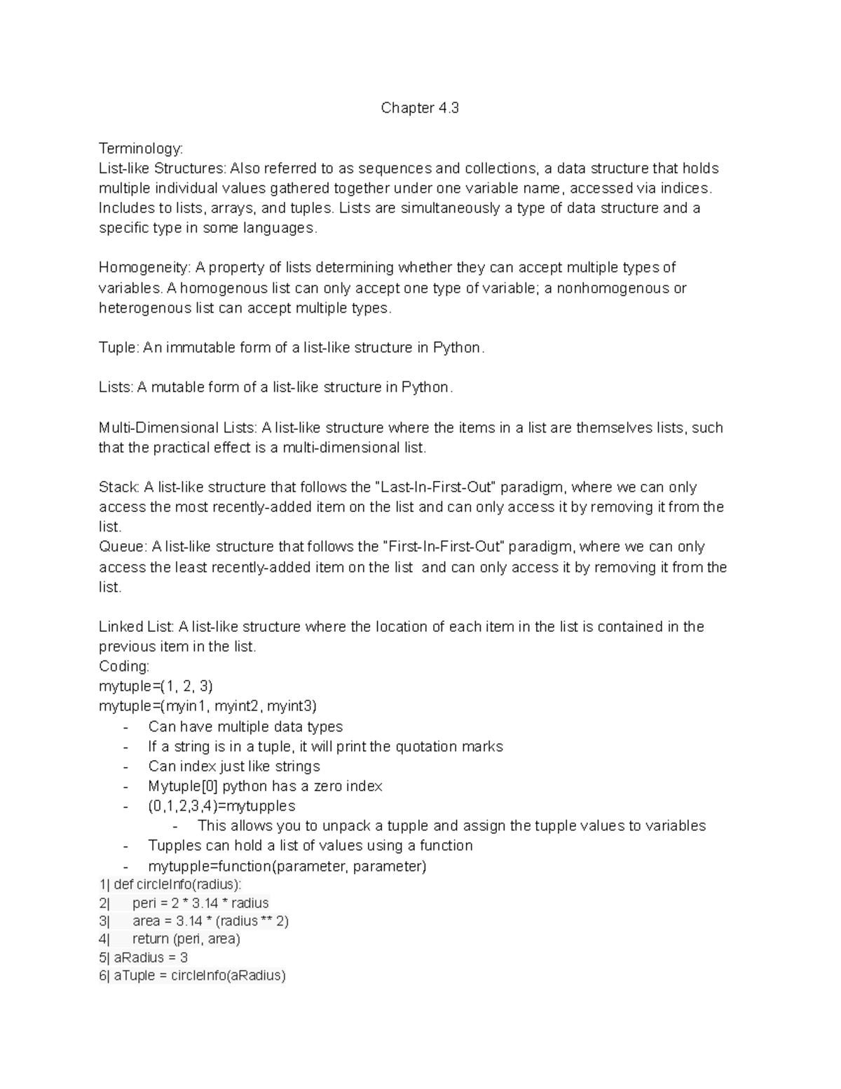 Chapter 4.3 Notes - Chapter 4. Terminology: List-like Structures: Also ...