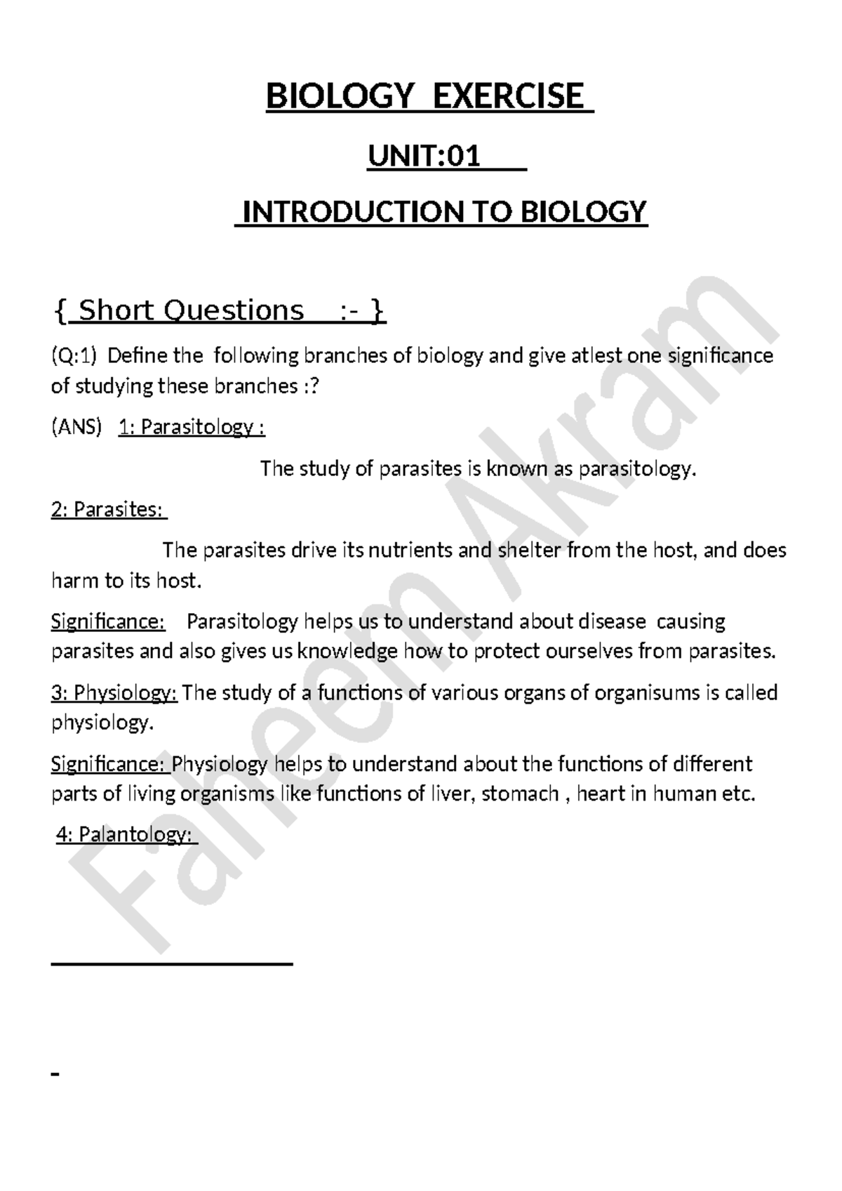 Biology Exercise - imp..................... - BIOLOGY EXERCISE UNIT ...