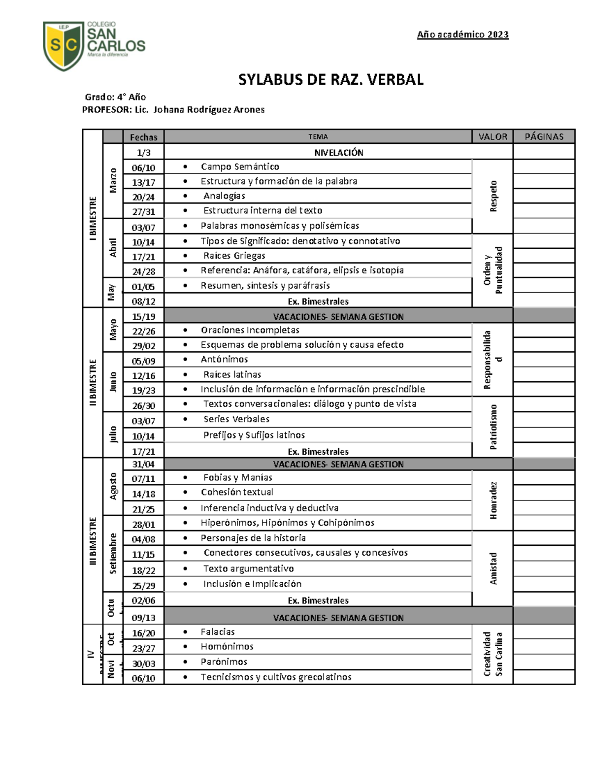 Silabus DE RAZ - abc - AÒo acadÈmico 2023 SYLABUS DE RAZ. VERBAL Grado ...