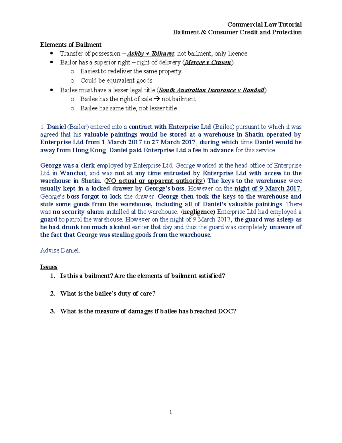 Tutorial 8 Bailment & Consumer Protection - Commercial Law Tutorial ...