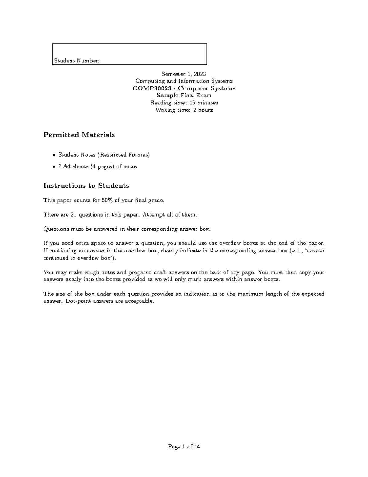 COMP30023 Exam practice - Student Number: Semester 1, 2023 Computing and Information Systems ...