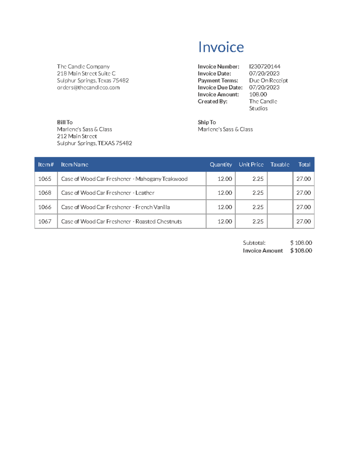 Invoice 2014 4 - Exampkes - Subtotal: $ 108. Invoice Amount $ 108 ...