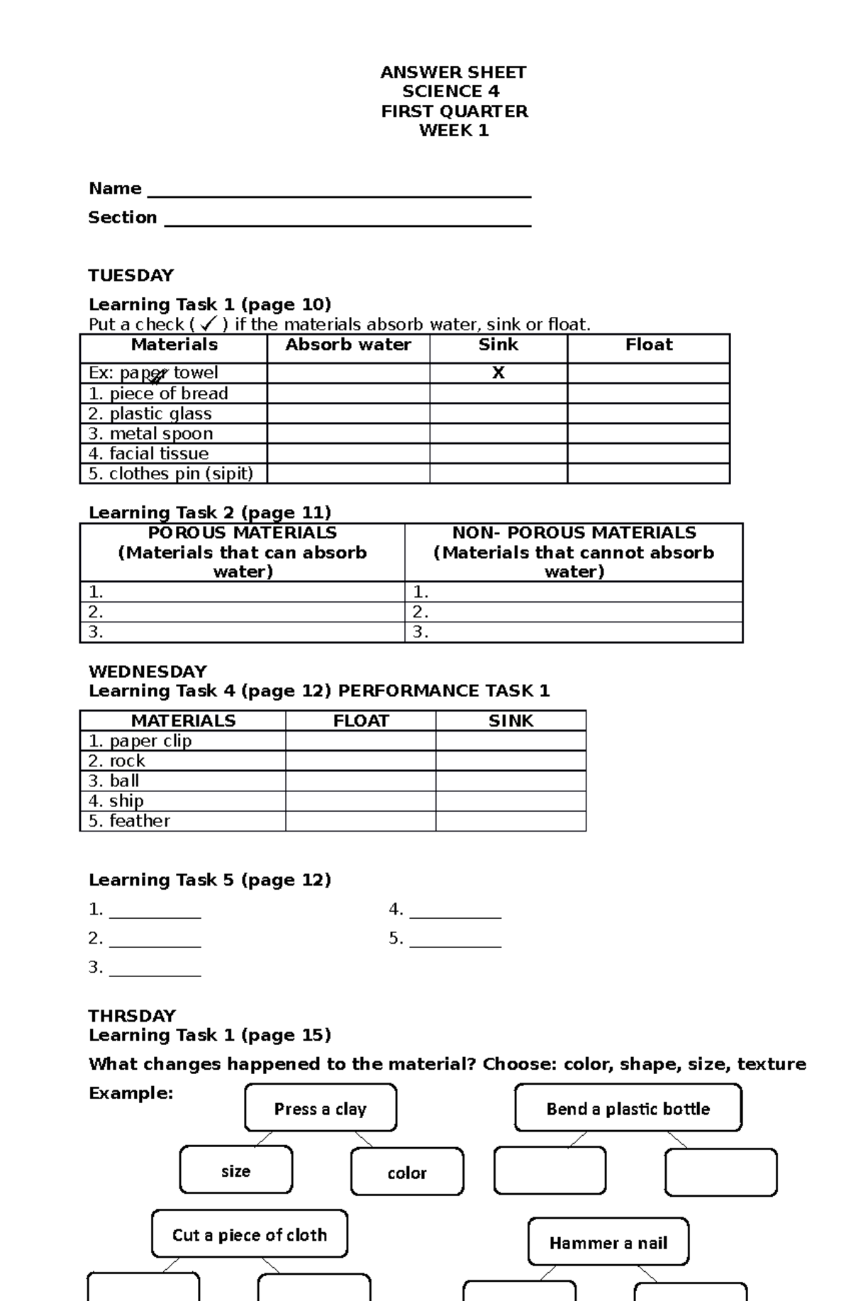 Science Answer Sheet 1st qtr - ANSWER SHEET SCIENCE 4 FIRST QUARTER ...