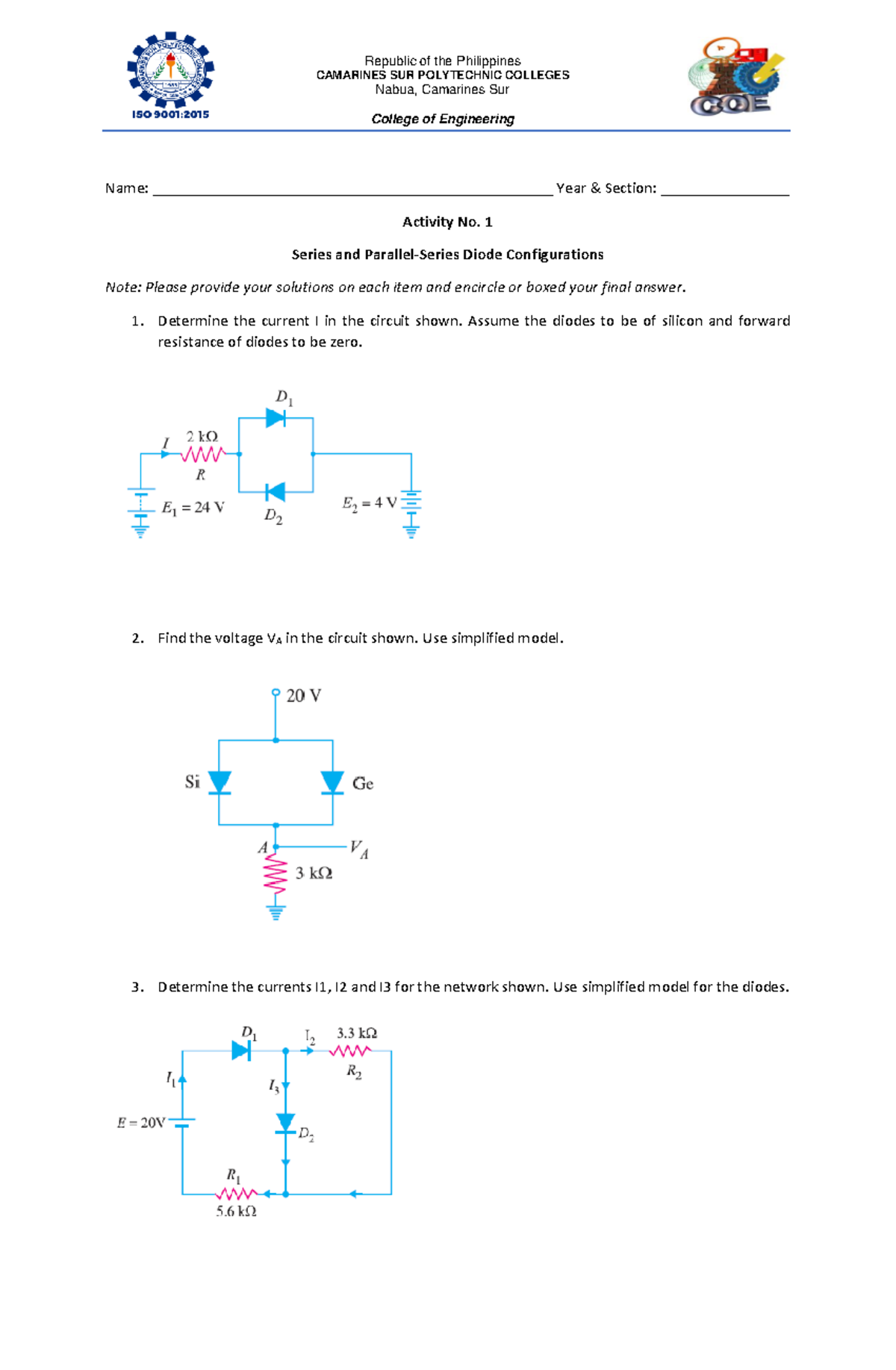 Activity 1 Diode Configurations Republic Of The Philippines