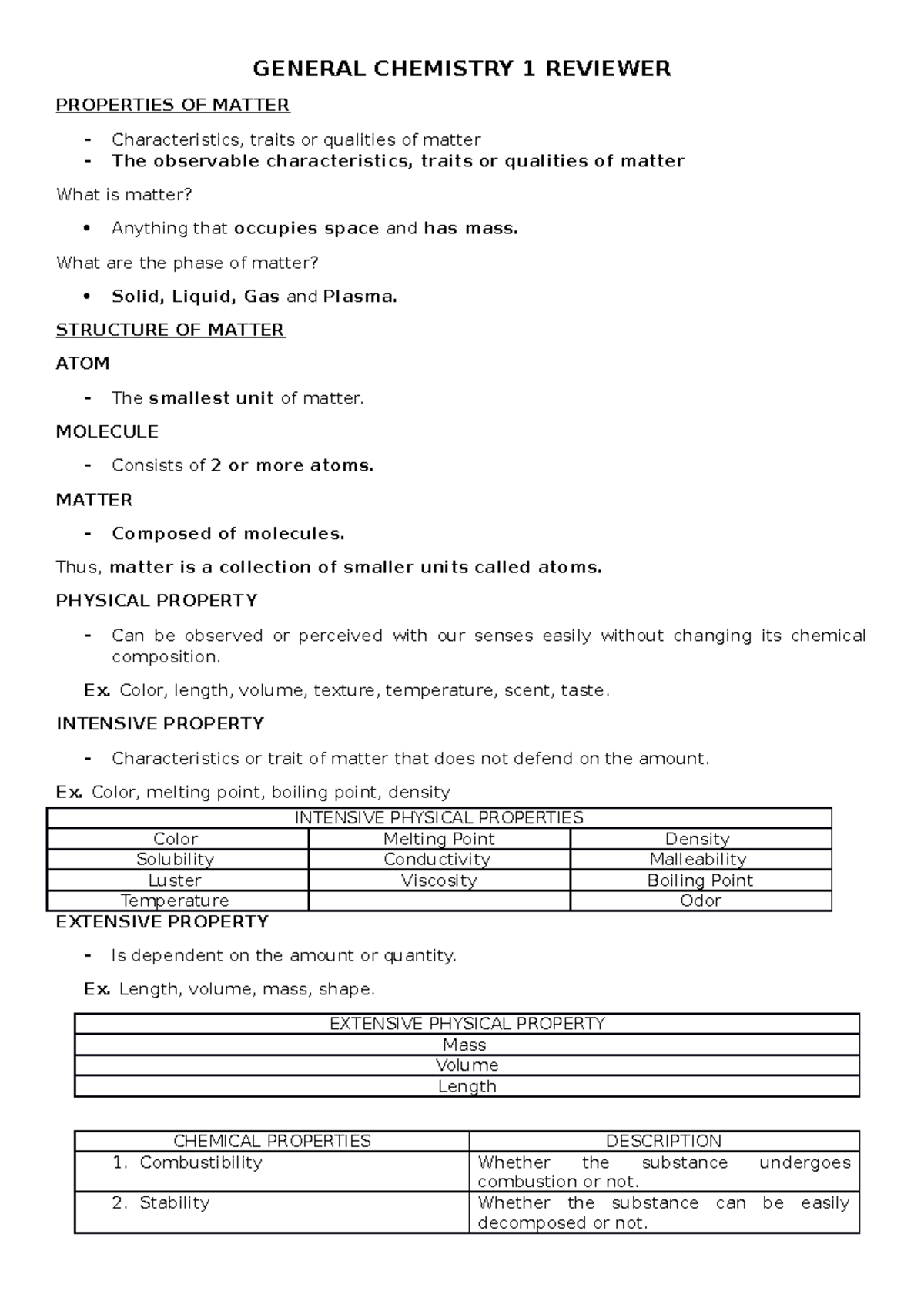 General Chemistry 1 Reviewer - GENERAL CHEMISTRY 1 REVIEWER PROPERTIES ...