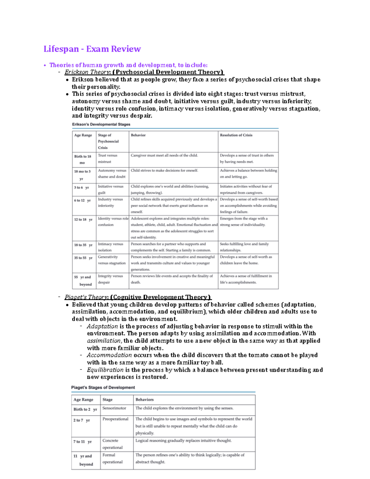 EXAM Review - Lifespan - Lifespan - Exam Review Theories of human ...