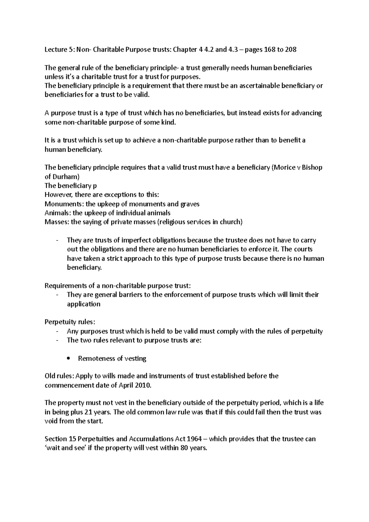 Lecture 5 - Trusts and Equity Law - Lecture 5: Non- Charitable Purpose trusts: Chapter 4 4 and 4 ...