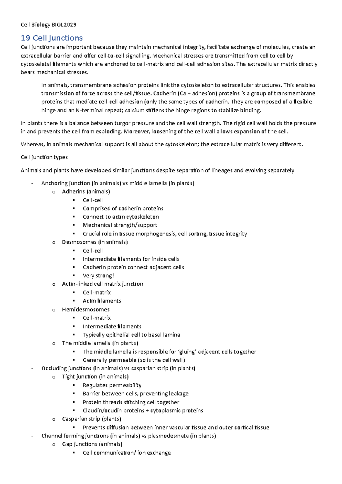 Cell Biology BIOL2029 - Lec Notes - Cell Biology BIOL 19 Cell Junctions ...