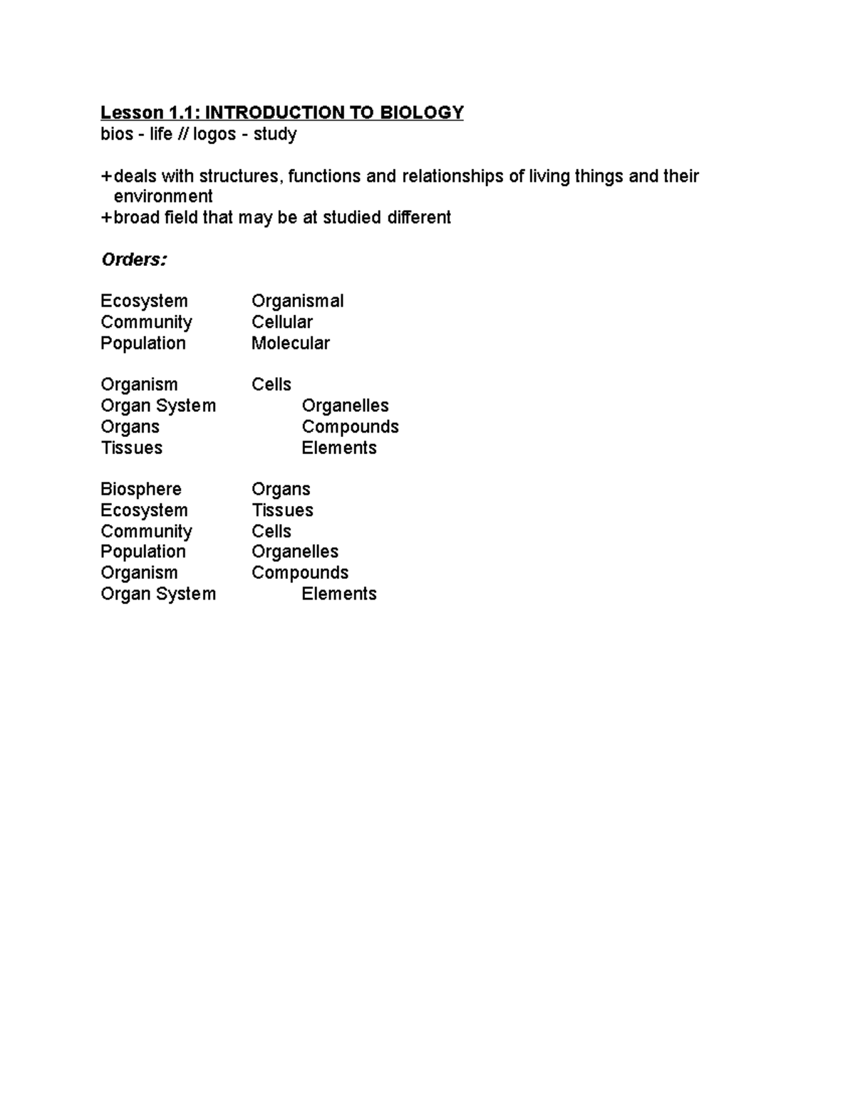 Biology Introduction - Lesson 1: INTRODUCTION TO BIOLOGY bios - life ...