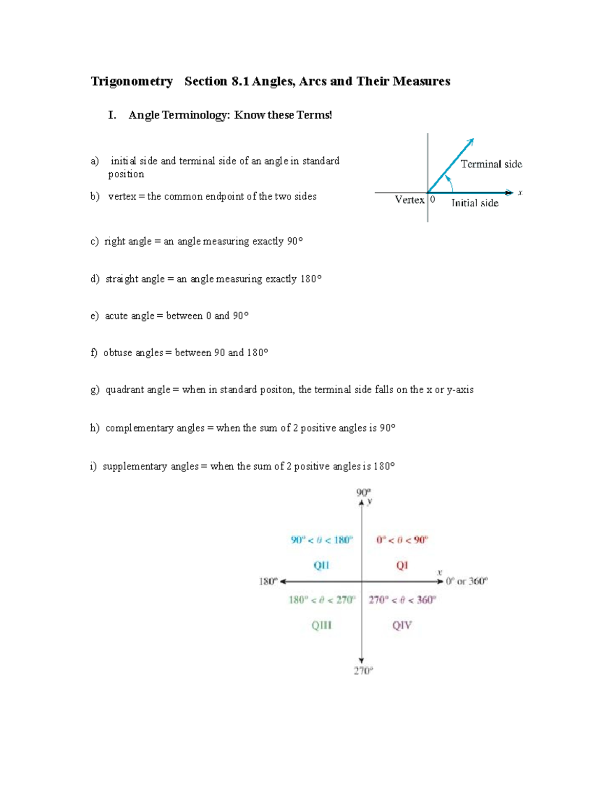 9.1 Angles - Suzan - Trigonometry Section 8 Angles, Arcs and Their Measures I. Angle Terminology ...