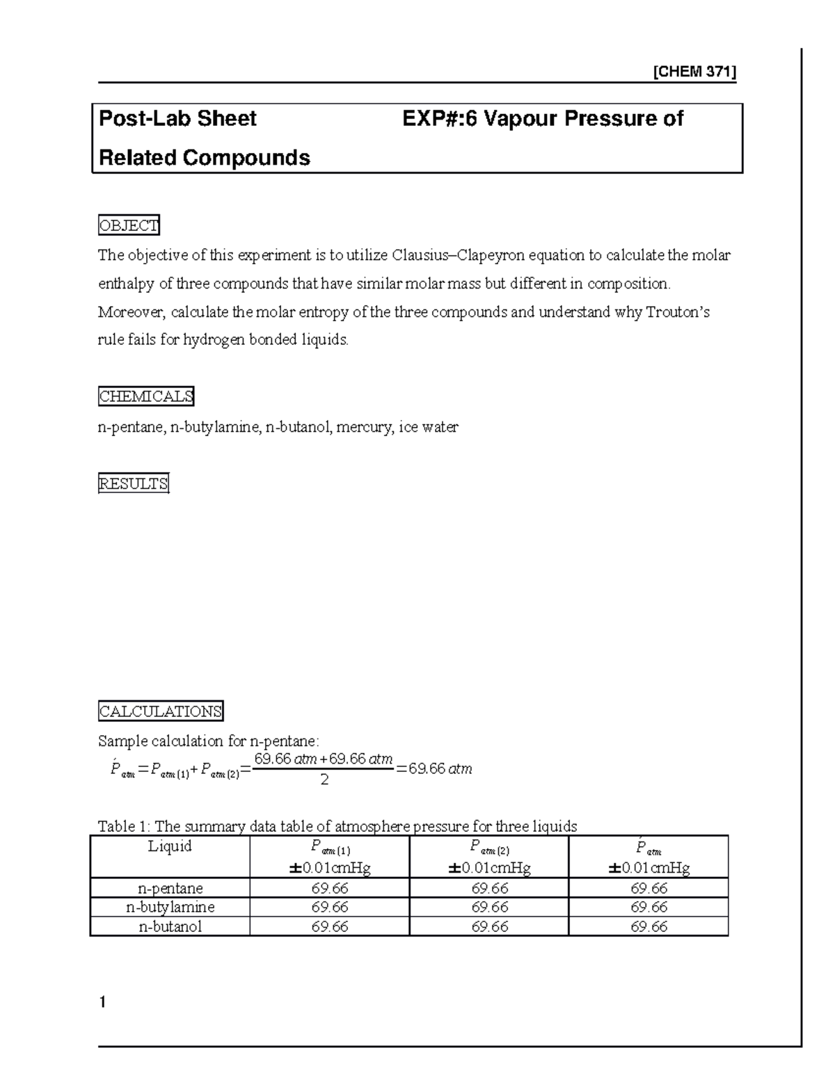 POST-LAB EXP - lab report - [CHEM 371] Post-Lab Sheet EXP#:6 Vapour ...