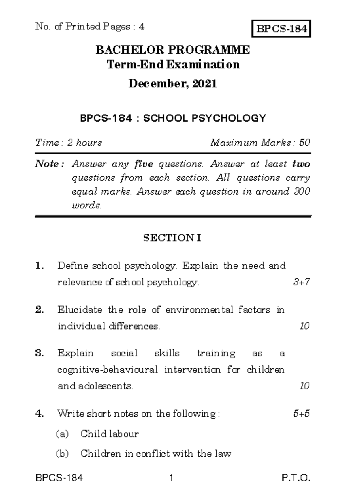 BPCS-184 Dec 2021 Question Paper - BPCS-184 1 P.T. BPCS- BACHELOR ...