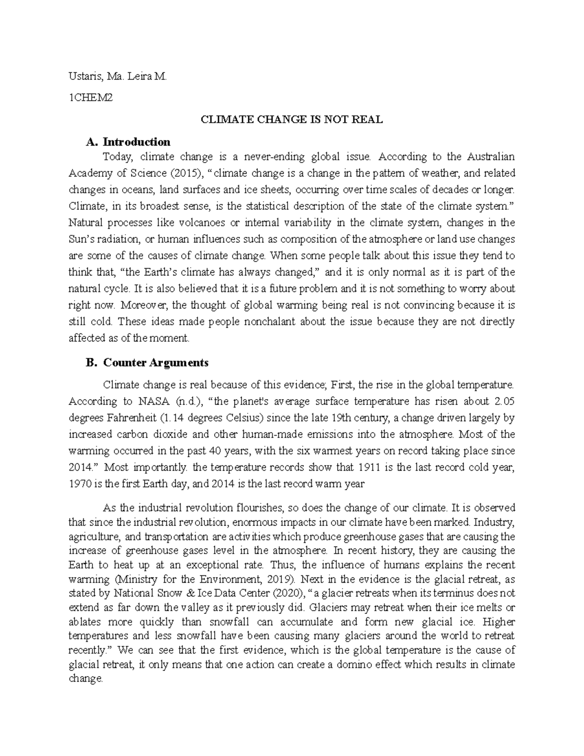 Climate Change Position Paper - Ustaris, Ma. Leira M. 1CHEM CLIMATE ...