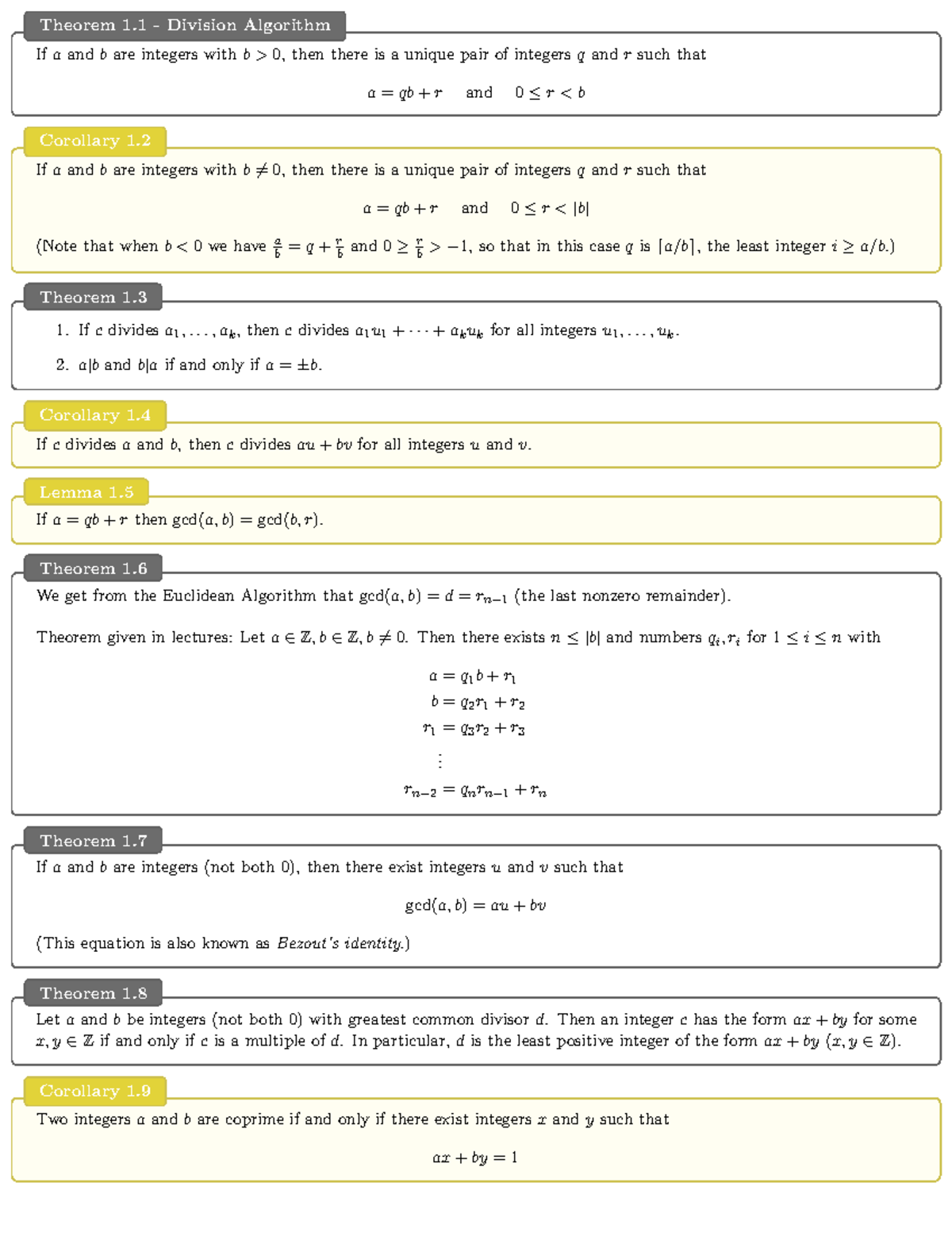 Test Sheet - 1 dw - Theorem 1 - Division Algorithm If a and b are ...