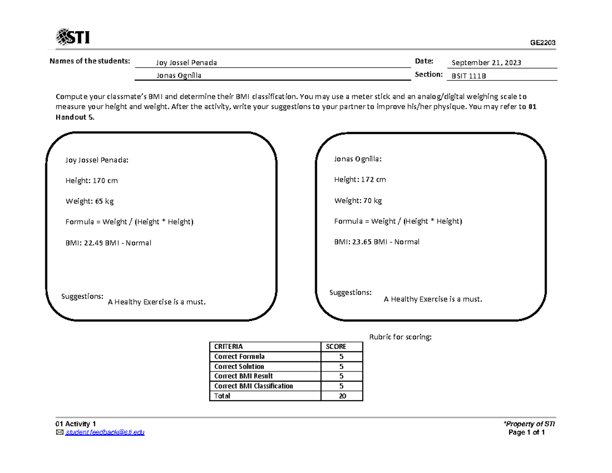 01 Activity 1(5) - GE Names of the students: Date: Section: Compute your classmate’s BMI and ...