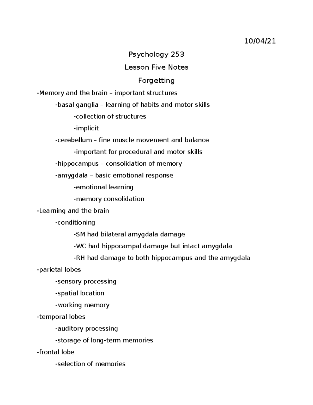 Psychology 253 - Memory - 10/04/ Psychology 253 Lesson Five Notes ...