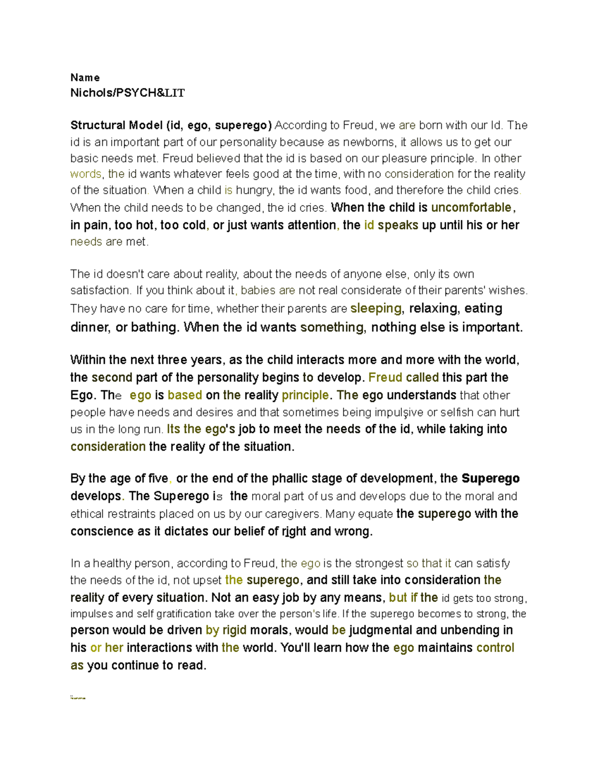 Freud's Structural Model Notes + Chart - Name Nichols/PSYCH&LIT ...