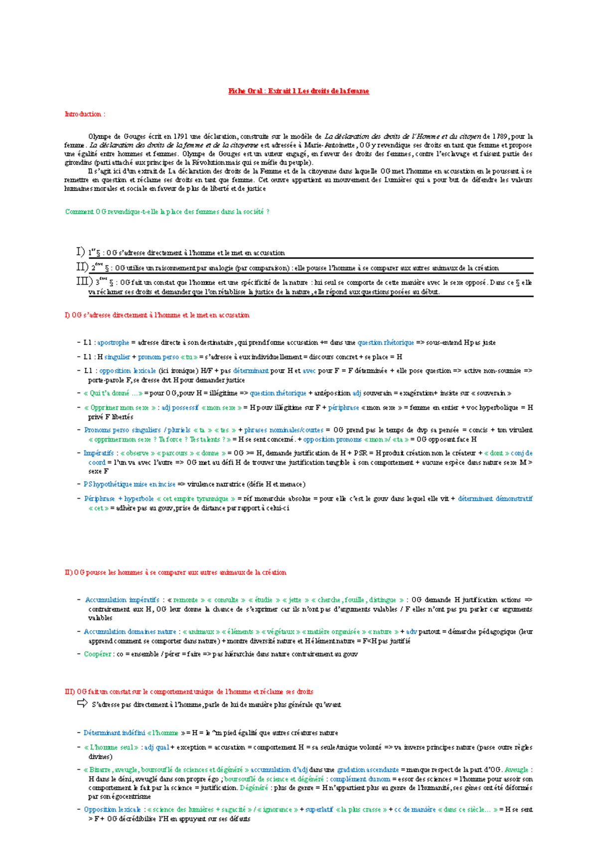 Texte Olympe de Gouges DDFC - Fiche Oral : Extrait 1 Les droits de la ...