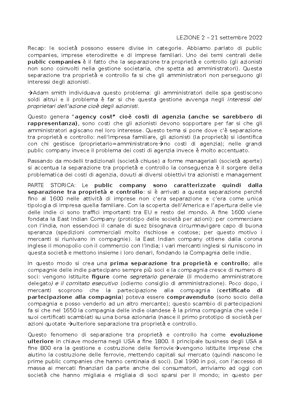 Lezione 2 corporate governance - LEZIONE 2 – 21 settembre 2022 Recap: le società possono essere ...