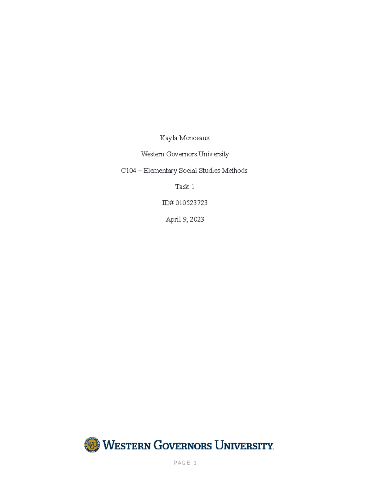 Elementary Social Studies Methods Task 1 - Outline Central Focus ...