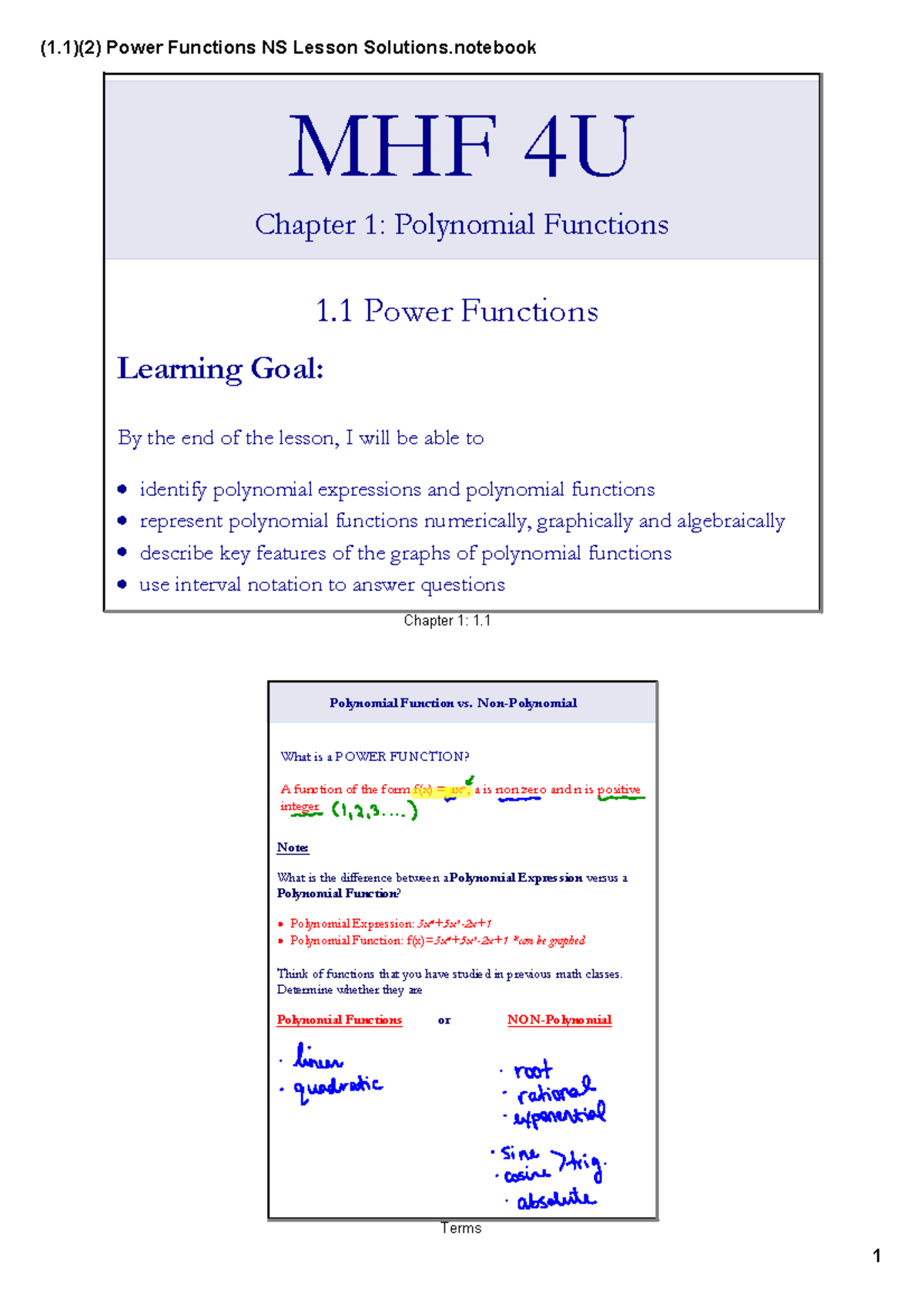 Unit 1 (Chapter 1) Lesson Handout Solutions - (1)(2) Power Functions NS ...