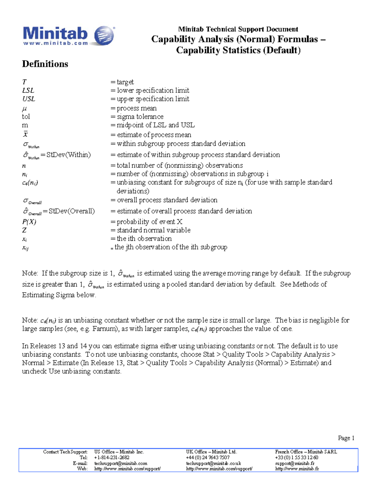 Capability Analysis Formulas - Minitab - Page 1 Contact Tech Support ...