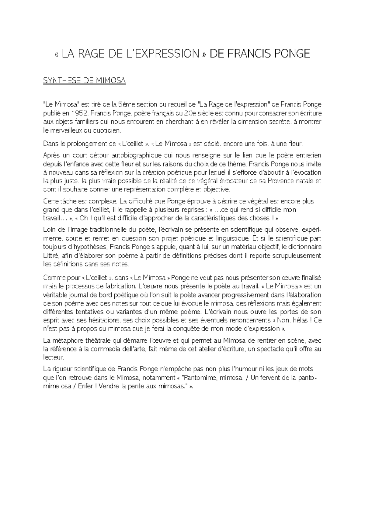 Le Mimosa de FPonge - « LA RAGE DE L’EXPRESSION » DE FRANCIS PONGE SYNTHESE DE MIMOSA "Le - Studocu