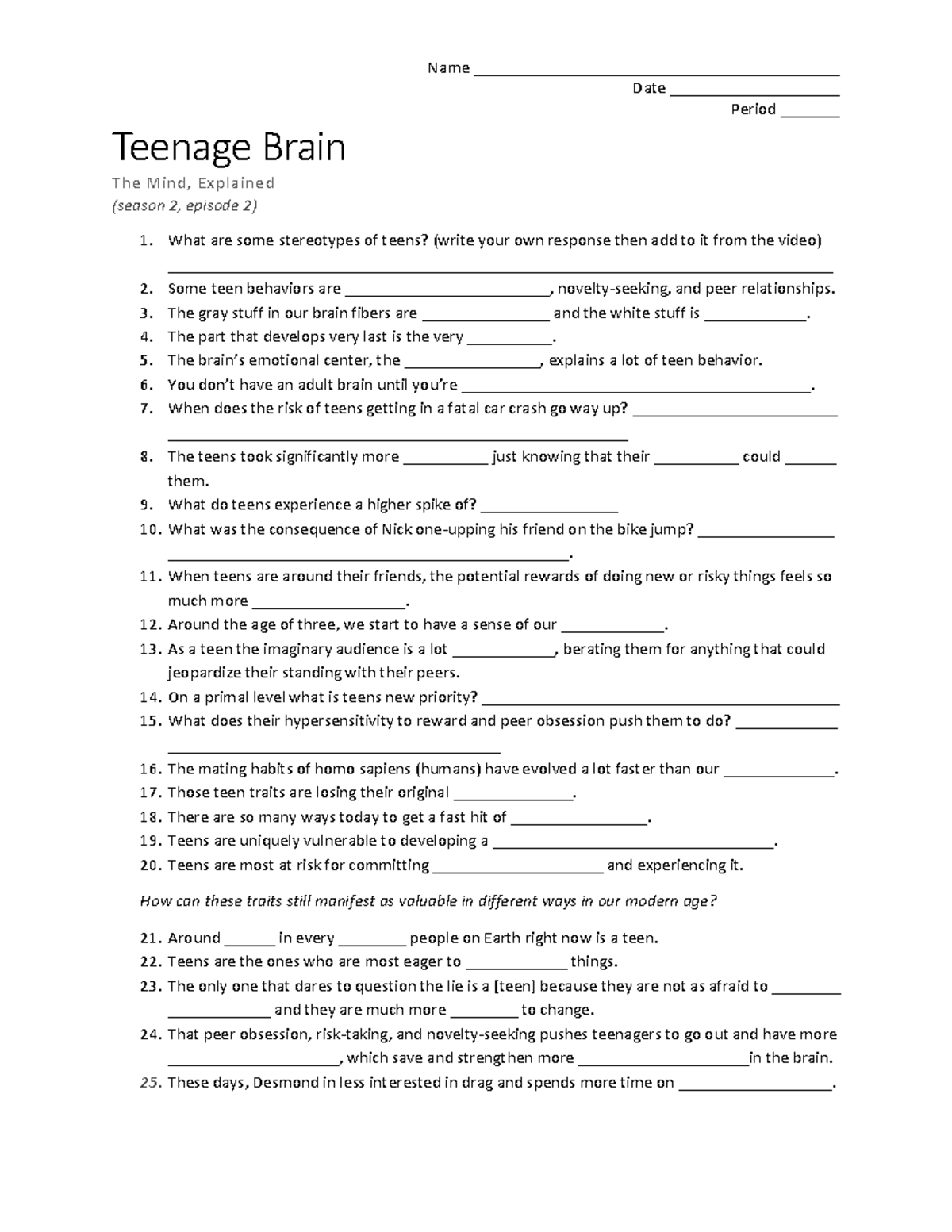 Study Guidefor The Mind Explained Teenage Brain-1 - Name