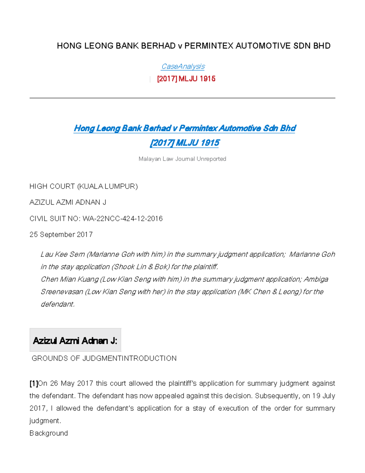 Hong Leong Bank Berhad v Permintex Automotive Sdn Bhd (stay allow ...