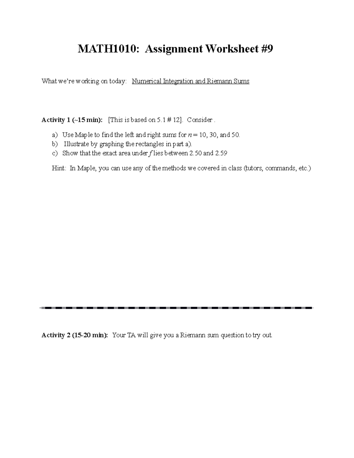Tutorialworksheet 9NEW - MATH1010: Assignment Worksheet What we’re ...
