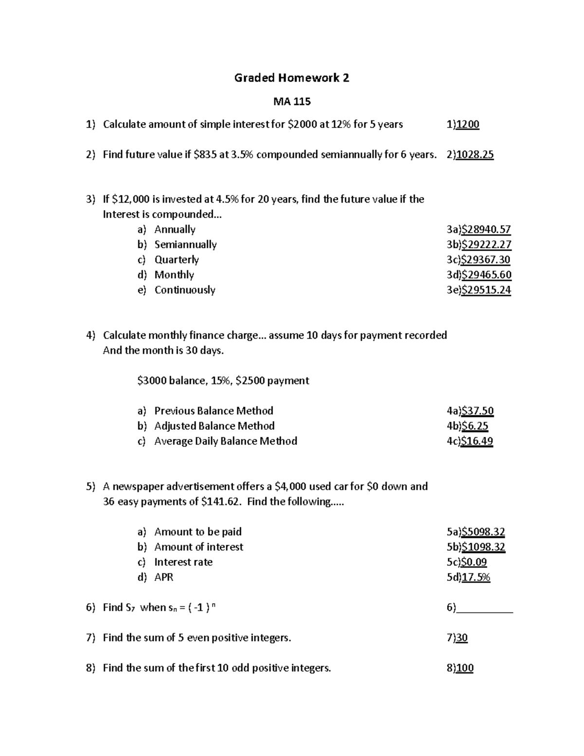 Homework with some answers - Graded Homework 2 MA 115 Calculate amount ...