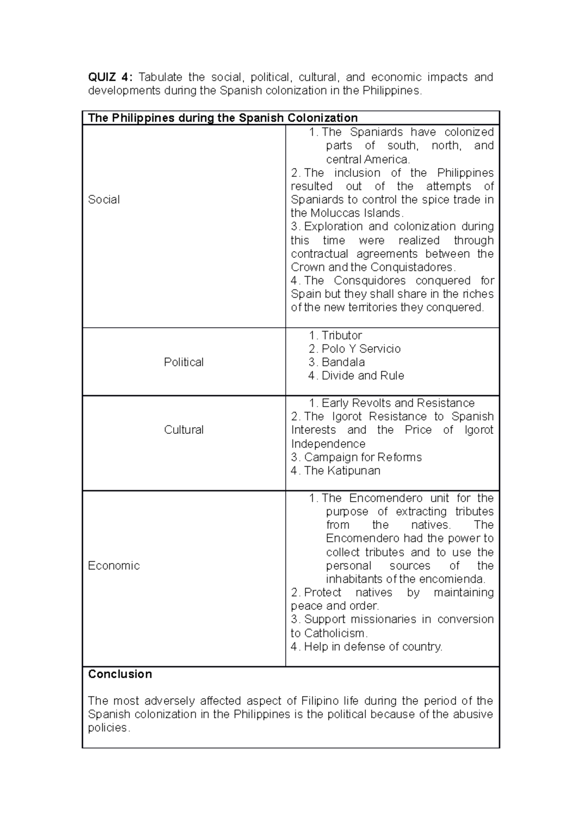 QUIZ 4 - Tabulate the social, political, cultural, and economic impacts ...