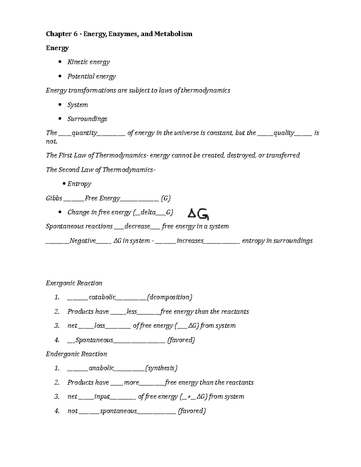 Skeletal Notes and Study Guide - Exam 3 - Chapter 6 - Energy, Enzymes ...