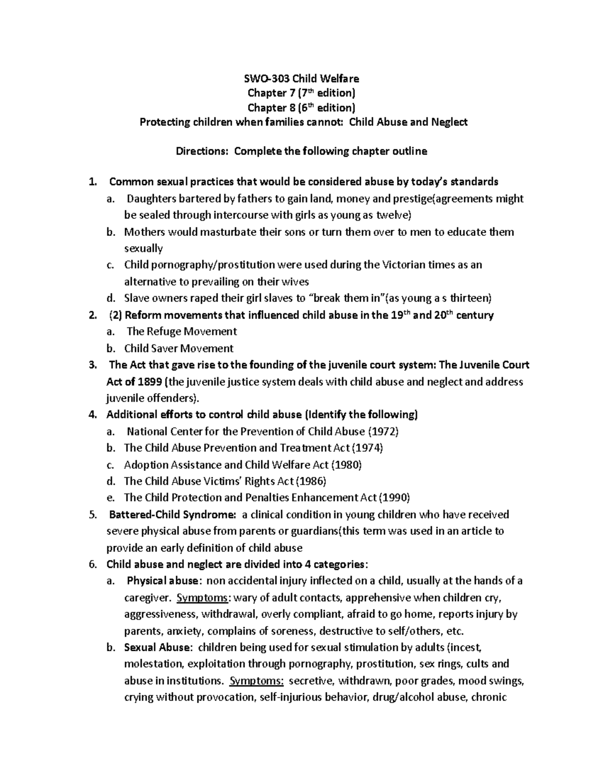 Chapter 7 Outline - SWO-303 Child Welfare Chapter 7 (7th edition ...
