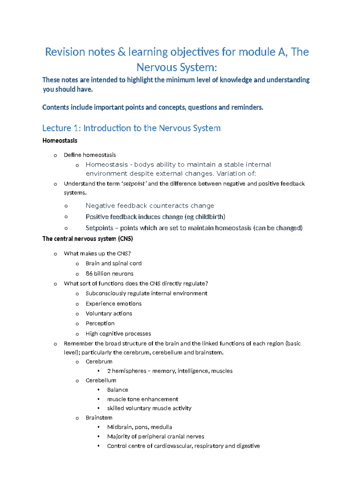 Module A Nervous System Revision Notes - Revision notes & learning ...