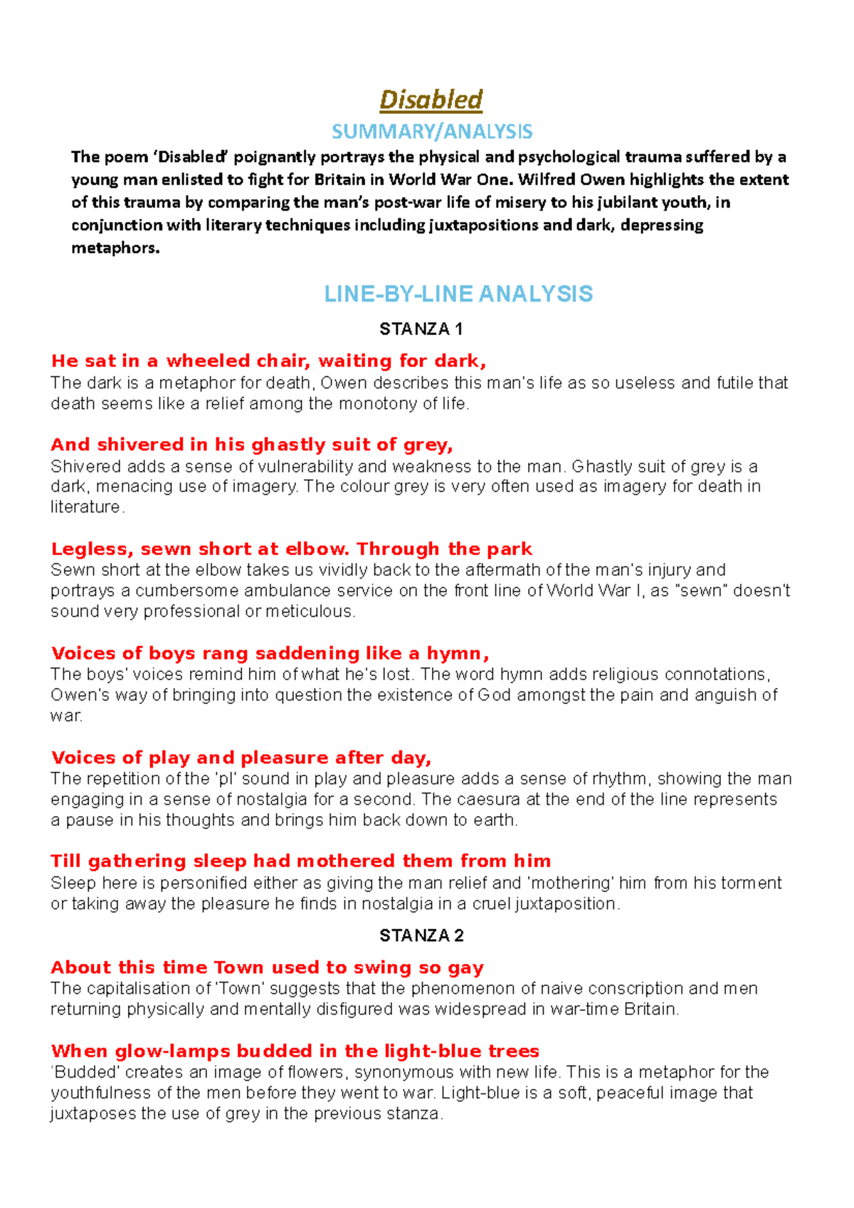Disabled notes Igcse - Disabled SUMMARY/ANALYSIS The poem ‘Disabled ...