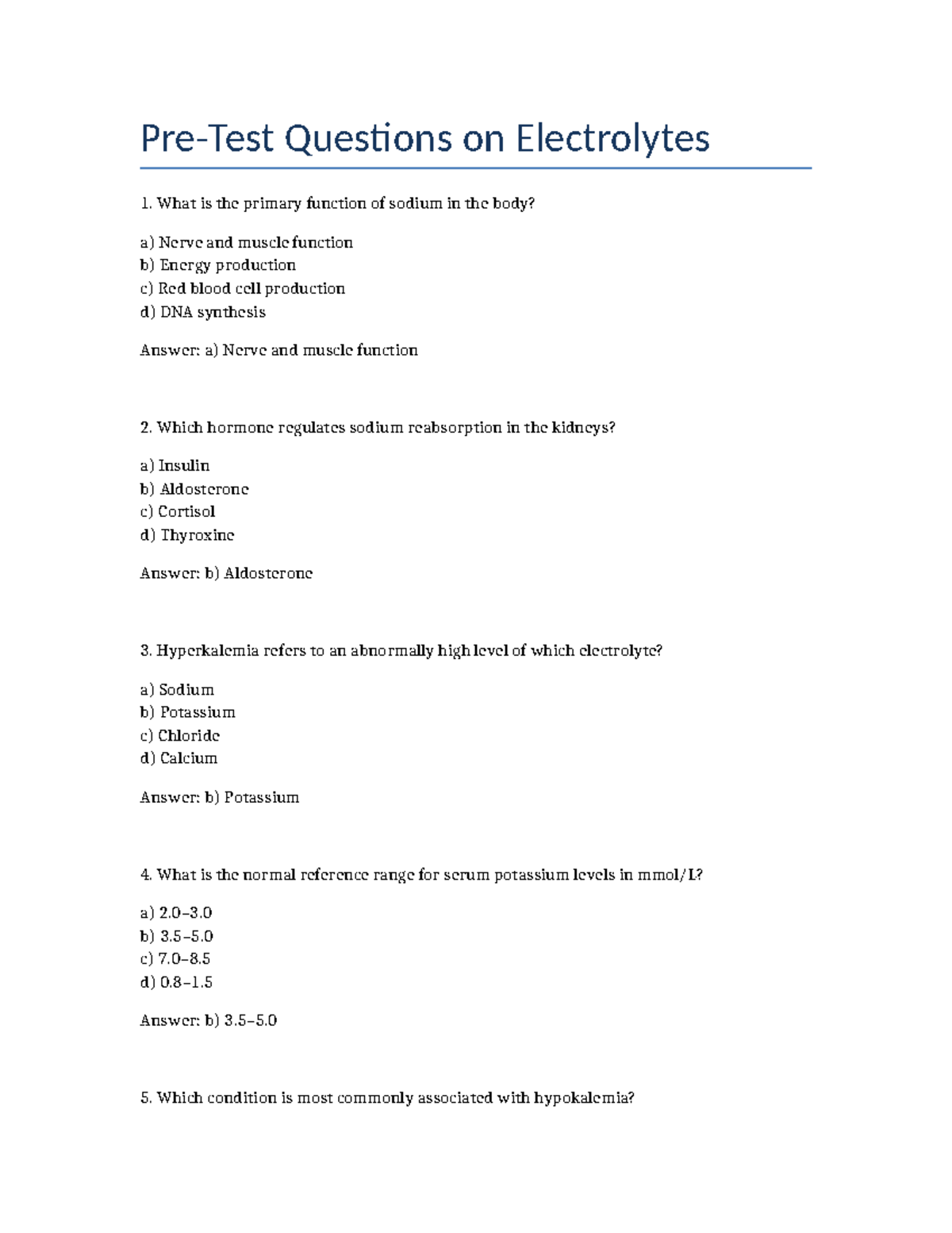 Electrolytes Pre Test - QUIZ - Pre-Test Questions on Electrolytes What ...