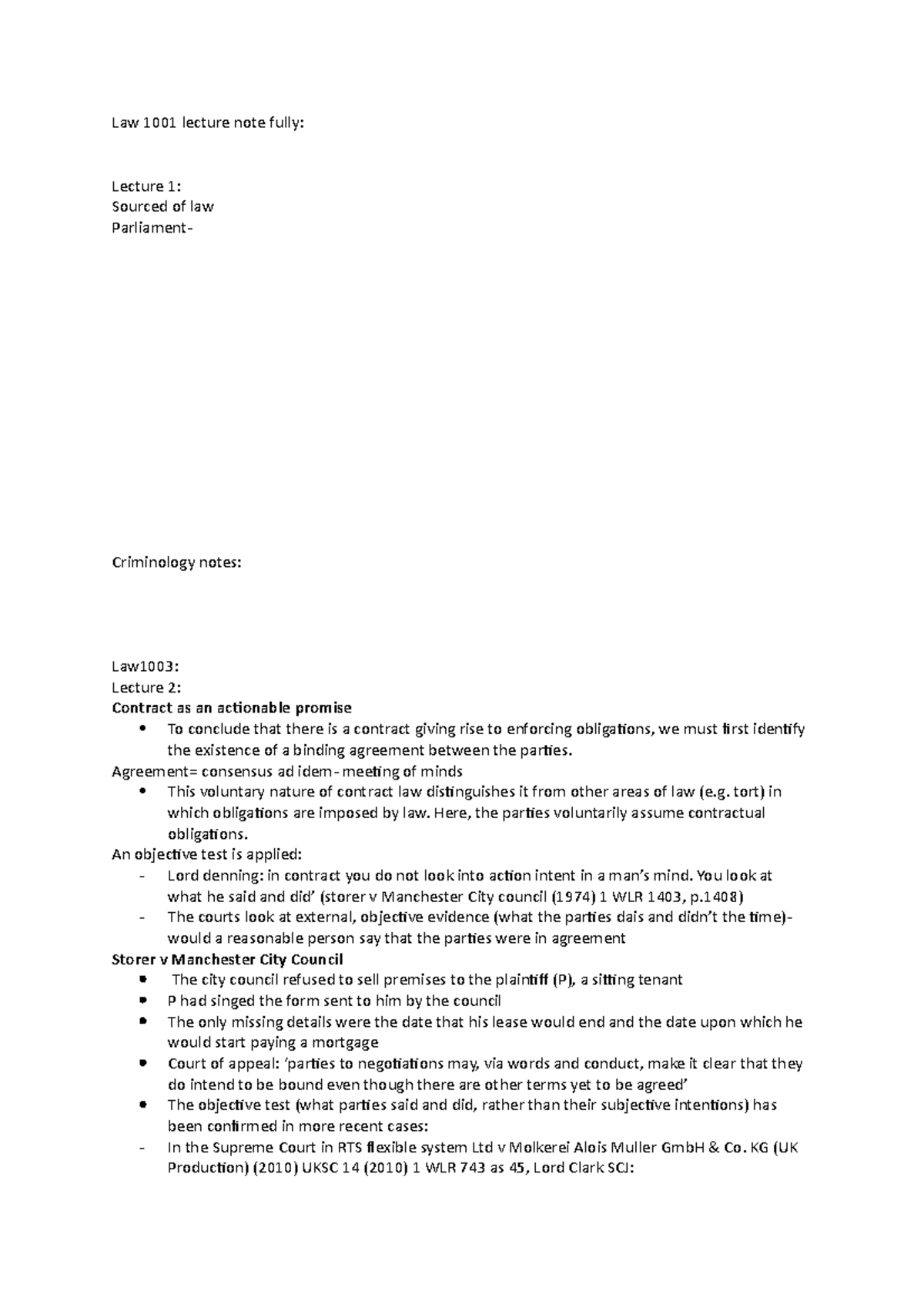 Full lecture notes for all subjects - Law 1001 lecture note fully ...