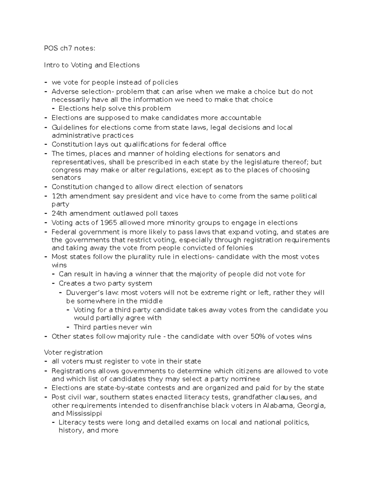 Chapter 7 notes - POS ch7 notes: Intro to Voting and Elections - we ...