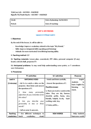 Lesson plan Unit 2 A Closer Look 1 G6 - Trịnh Lan Anh – 6655965 – K66ENGD Nguyễn Thị Thanh Huyền ...