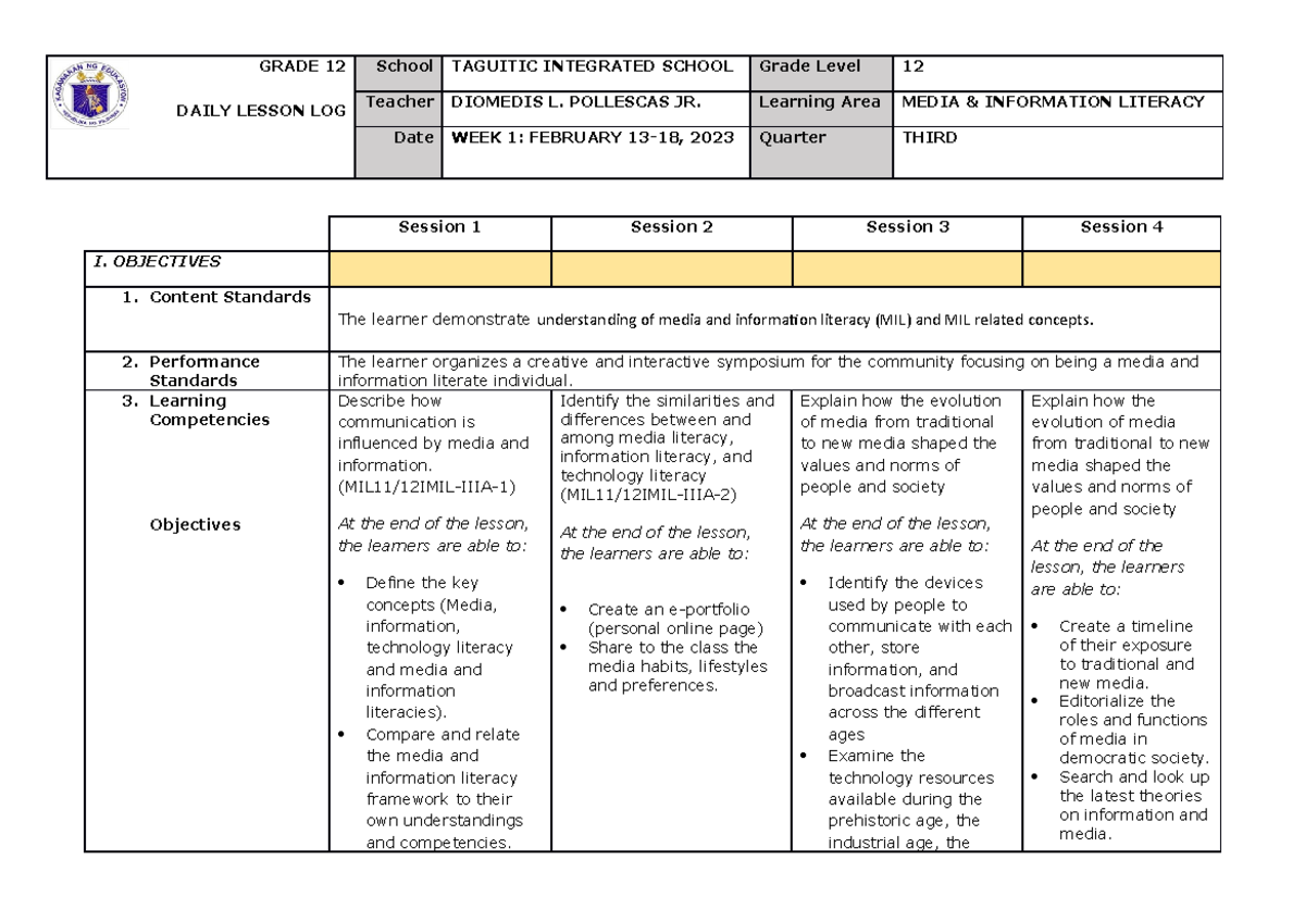 MIL DLL WK 1 Grade 12 - Use this - GRADE 12 DAILY LESSON LOG School ...