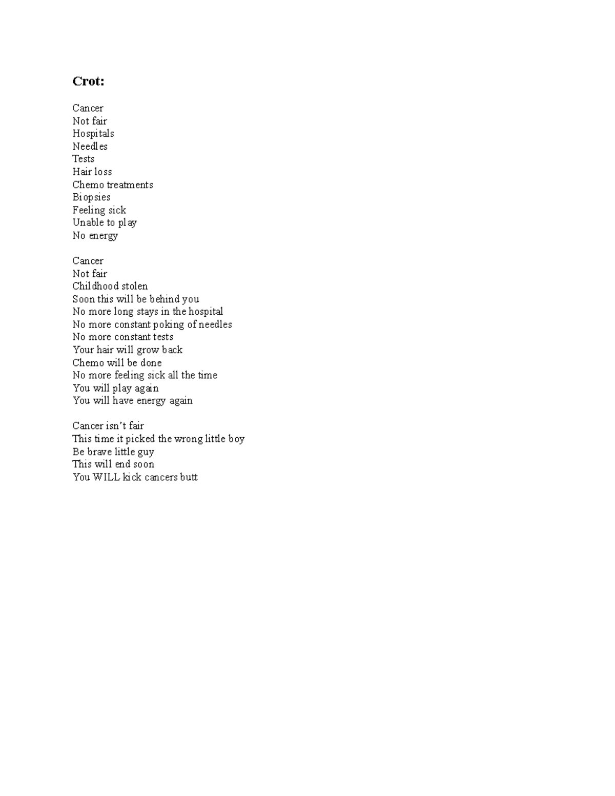 Crot - Grammar B part 1 - Crot: Cancer Not fair Hospitals Needles Tests ...