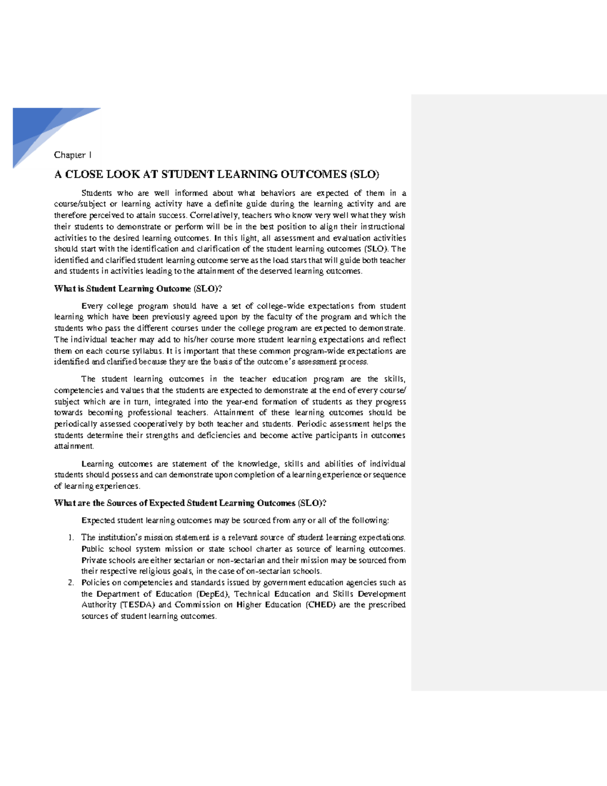 Chapter 1 - Chapter 1 A CLOSE LOOK AT STUDENT LEARNING OUTCOMES (SLO ...