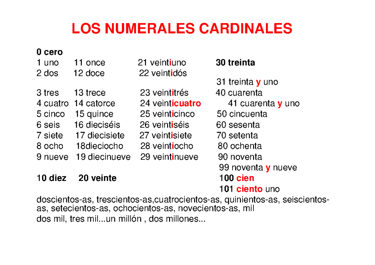 Los numerales cardinales - LOS NUMERALES CARDINALES 0 cero 1 uno 11 ...