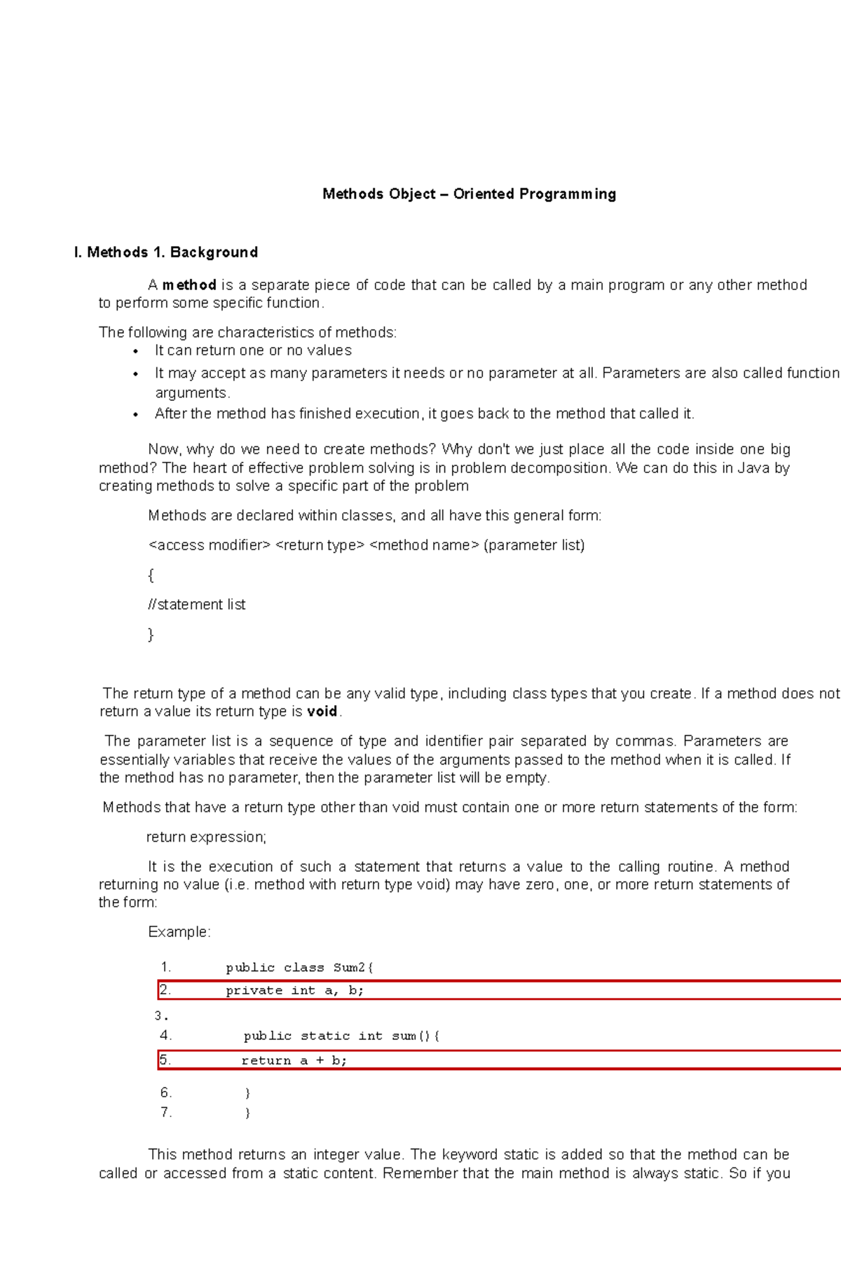 Methods Object Oriented Programming Methods Object Oriented Programming I Methods 1