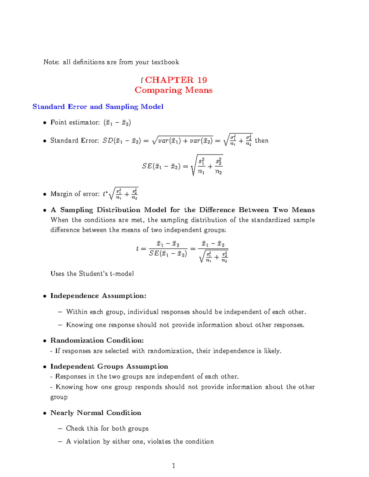 Lecture 22- Chapter - Note: all definitions are from your textbook f CHAPTER 19 Comparing Means ...