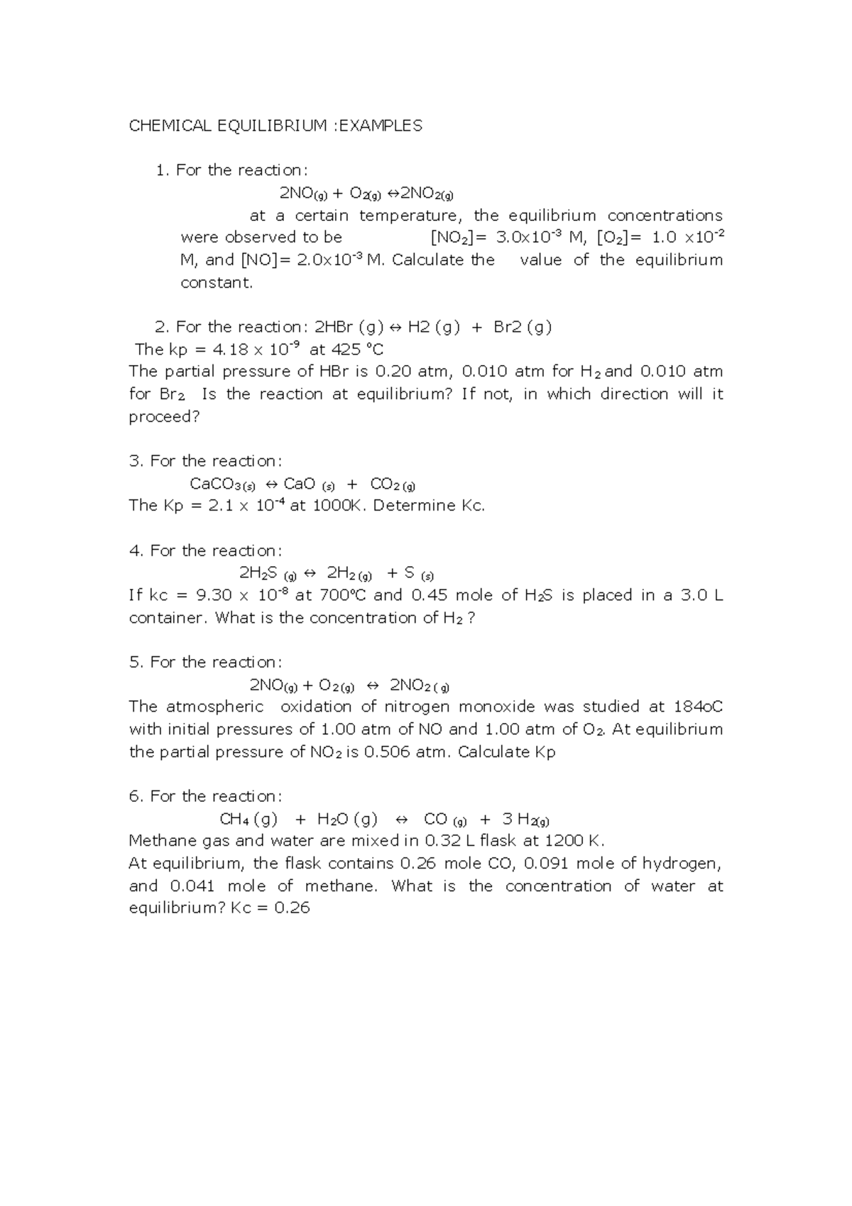 Chemical Equilibrium- Examples - Copy - CHEMICAL EQUILIBRIUM :EXAMPLES ...