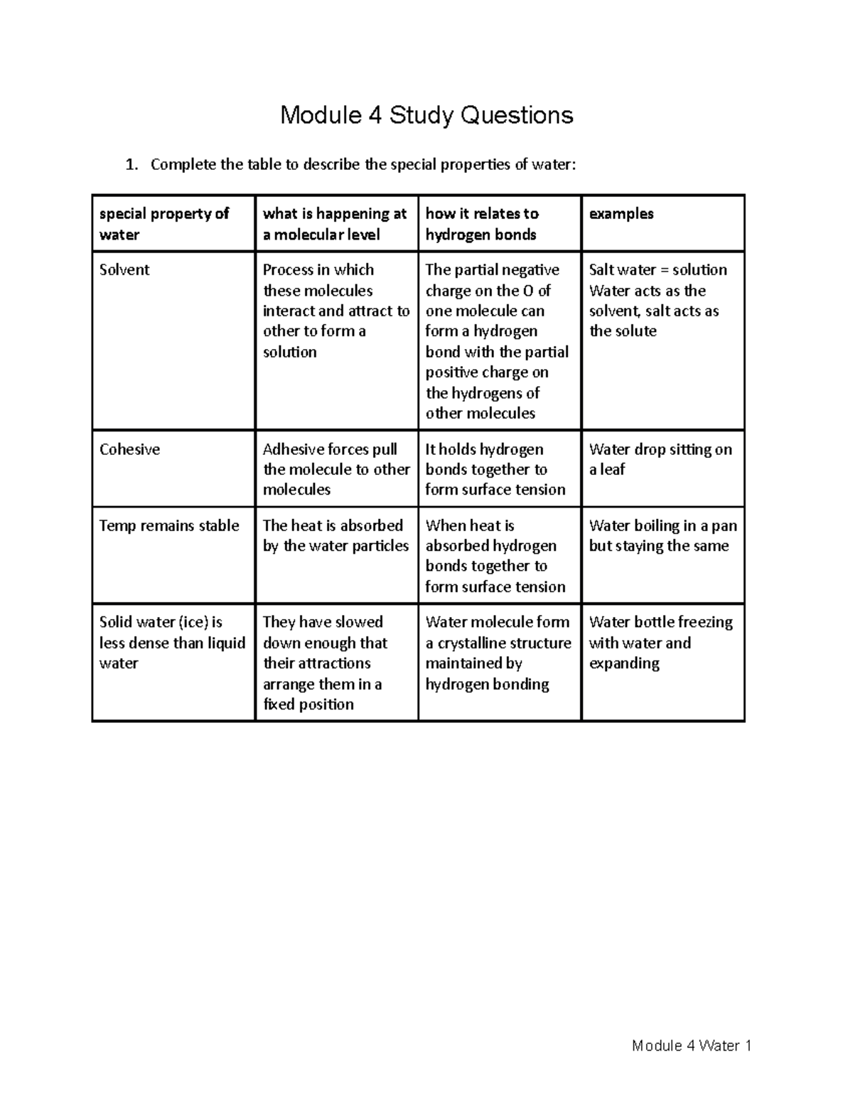 Module 4 Study Questions - Module 4 Study Questions Complete the table ...