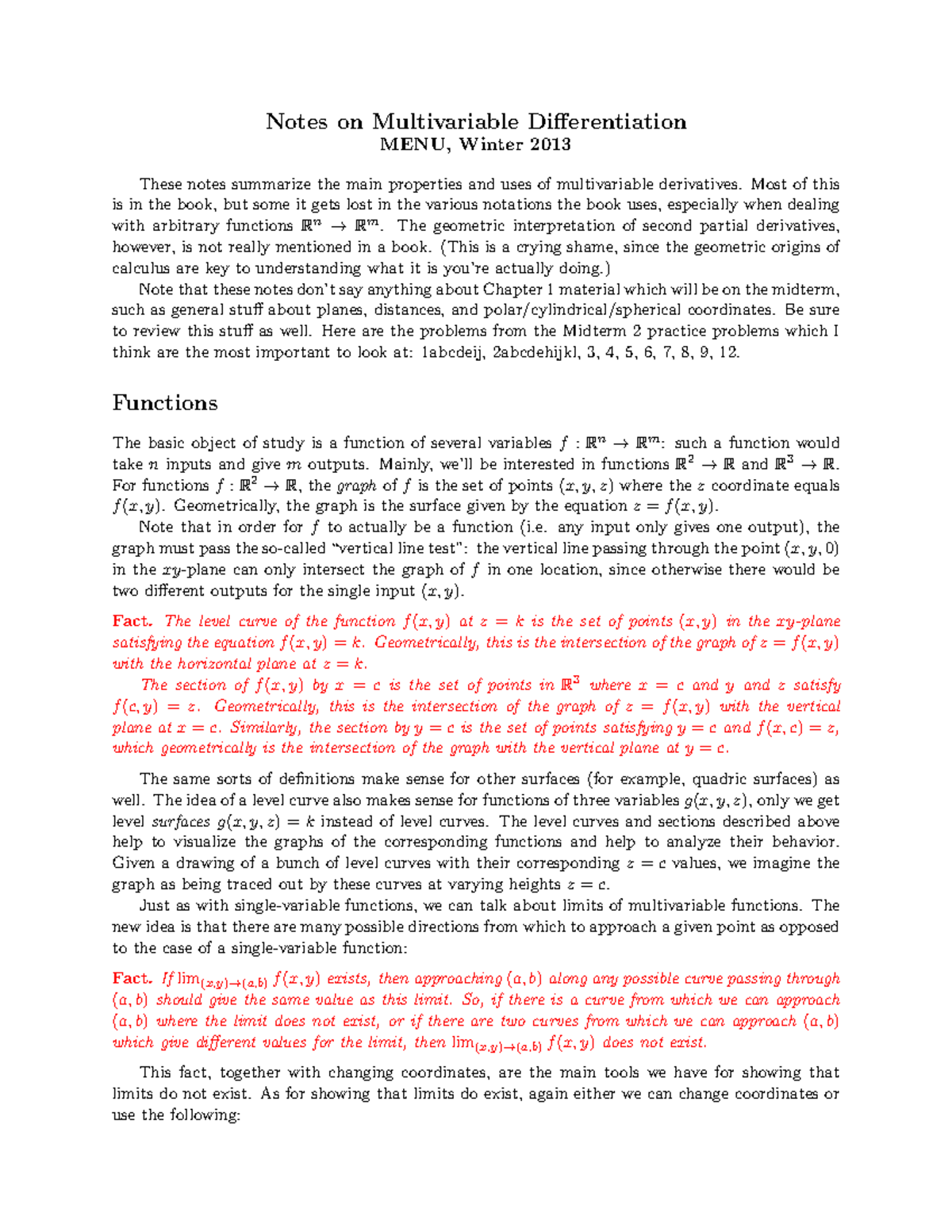 Notes on Multivariable Differentiation winter 2013 - Notes on ...